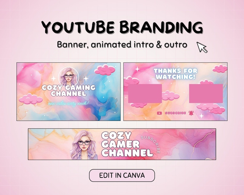 Pink and Blue Youtube Branding Kit, Cute Gamer Girl Channel Banner ...