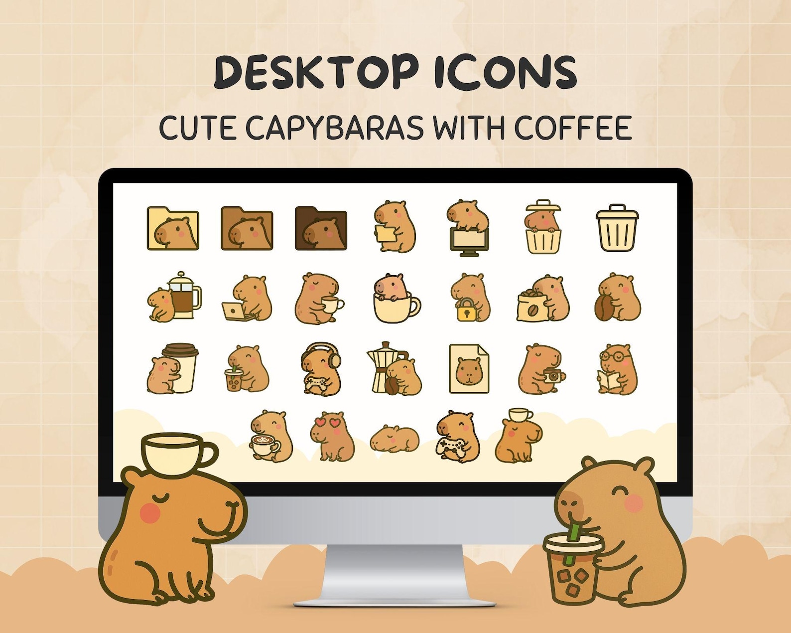 Desktop Icons Capybaras and Coffee, Kawaii Animal Icon Pack for Windows ...