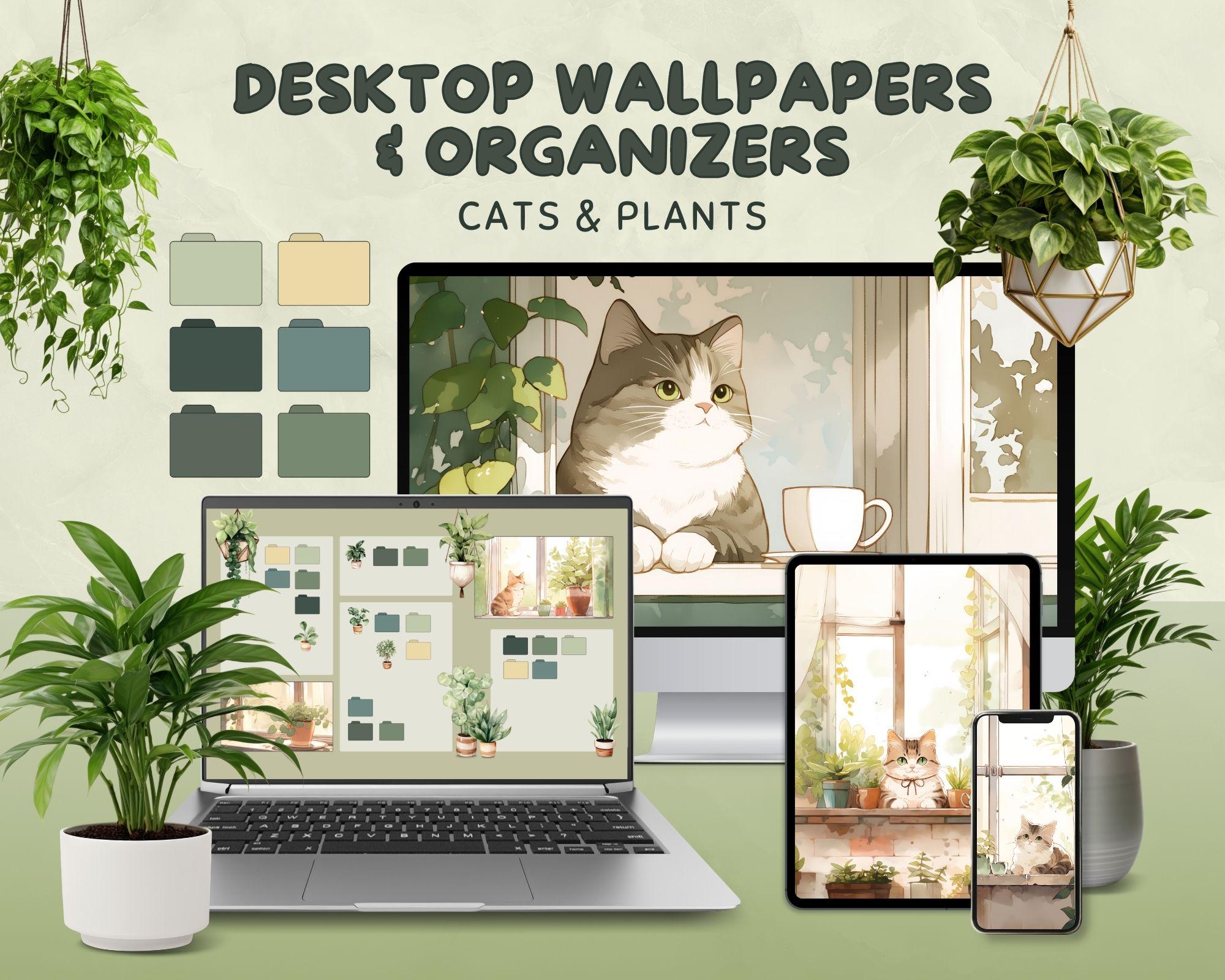 Cats and Plants Desktop Organizer, Cozy Green Wallpaper for Animal ...
