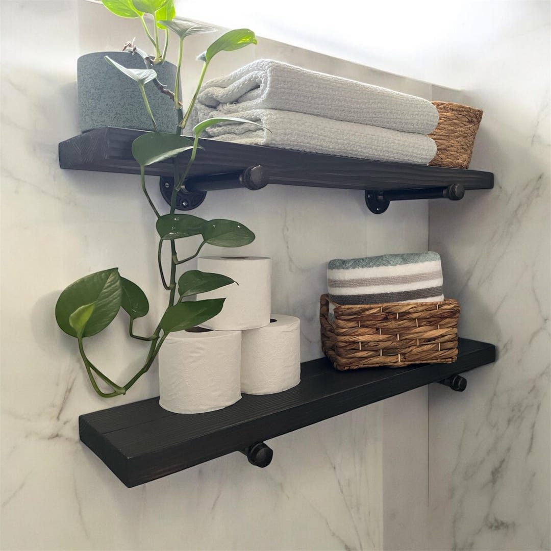 Solid Wooden Shelves With Black Pipe Supports - Etsy