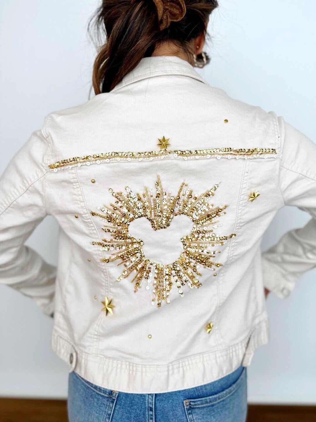 Handmade Upcycled Disney Jean Jacket Sz S Sequin Embellished Mickey ...