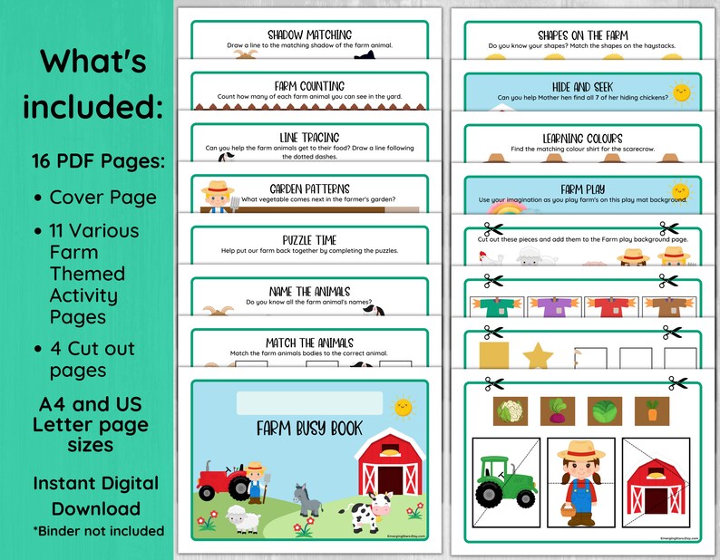Farm Toddler Busy Book Printable, Preschool Quiet Book on Farm Animals ...