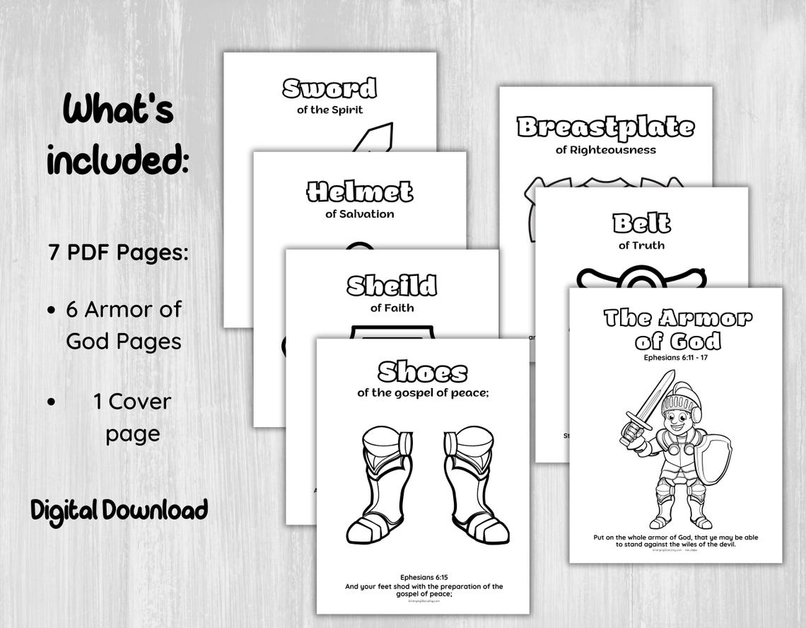 Armor of God Color in Pages for Kids, Christian Bible Verse Coloring ...