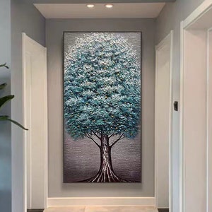 Big Blue Tree, Extra Large 3D Thick Textured Modern Wall Art, Abstract ...