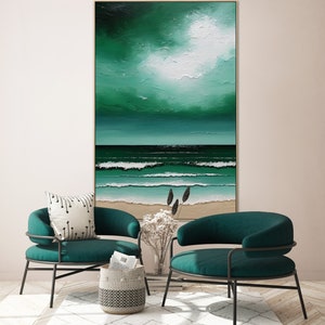 Cloudy Day Beach Painting, Vertical Seaside Artwork, Thick Textured ...
