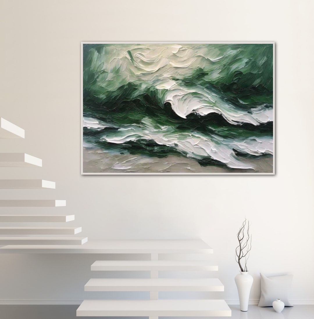 White and Dark Green Ocean Painting, Thick Textured Original Coastal ...