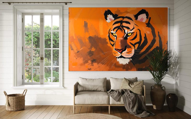 Bright Orange Tiger Abstract Art Hand Painted Acrylic Painting Modern ...