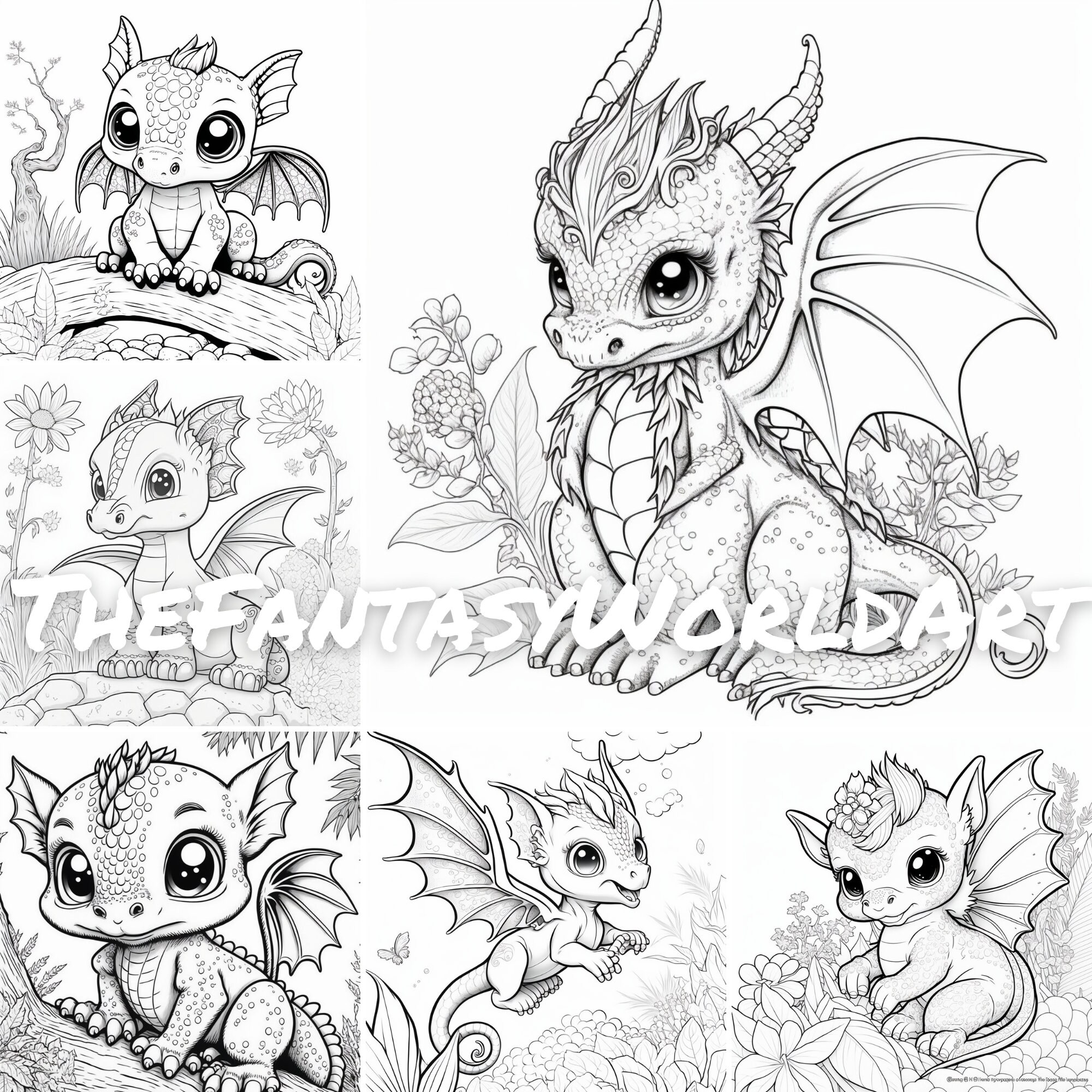 30 Baby Forest Dragon Fantasy Coloring Page for Adults + Kids- Instant ...