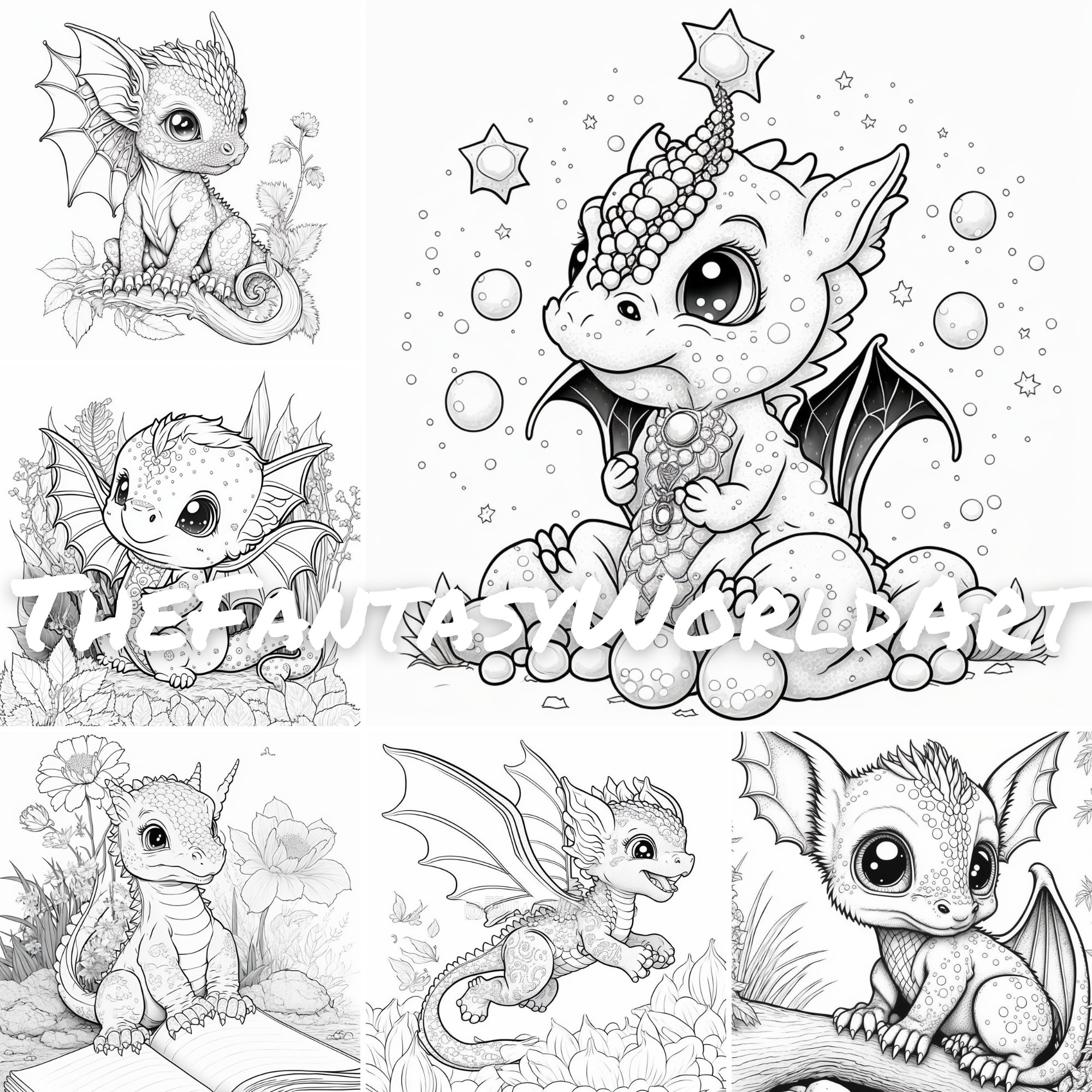 30 Baby Forest Dragon Fantasy Coloring Page for Adults + Kids- Instant ...