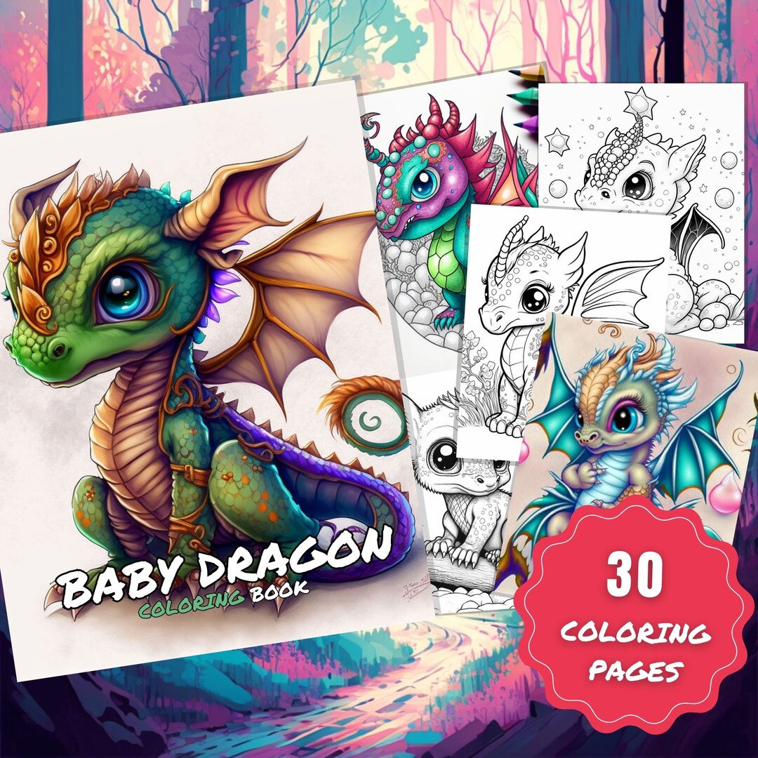30 Baby Forest Dragon Fantasy Coloring Page for Adults + Kids- Instant ...