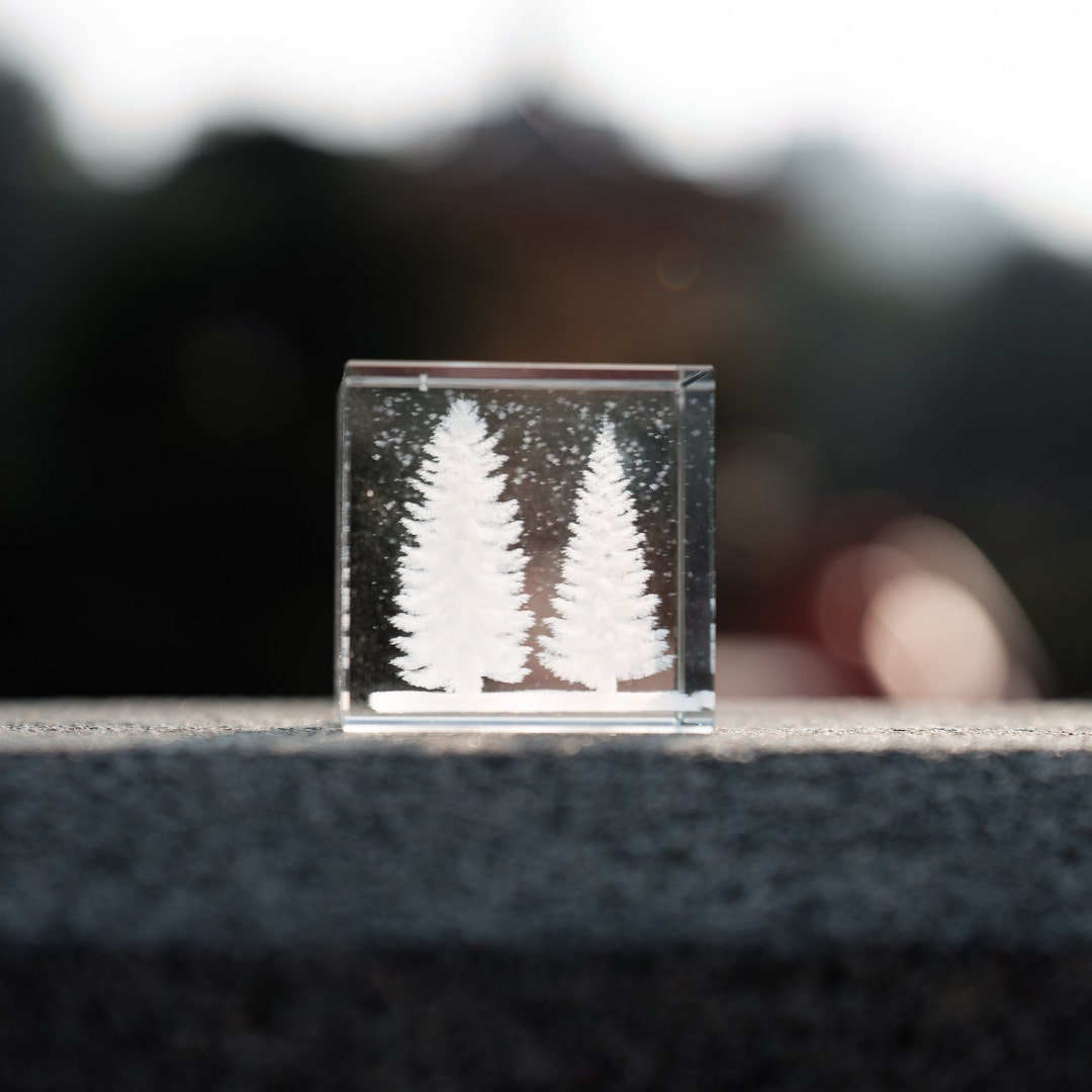 Crystal Snow Cube Paperweight: Winter Pine Tree Decor - Etsy