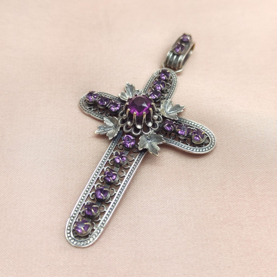 Large Antique Victorian Filigree Cross Pendant Amethyst Purple Paste ...