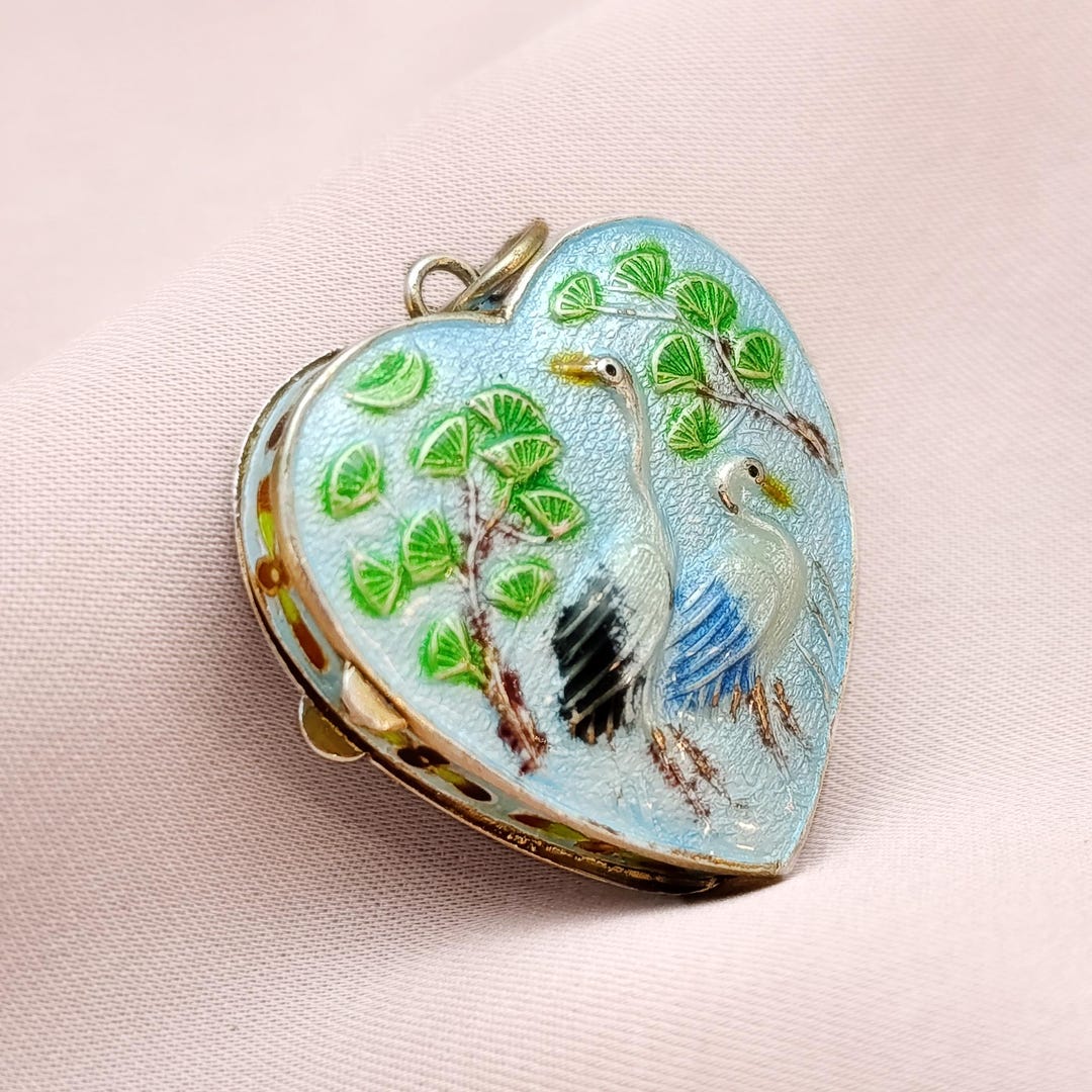 Colourful Antique Enamel Nature Motif Silver Locket Pendant Stork Crane ...