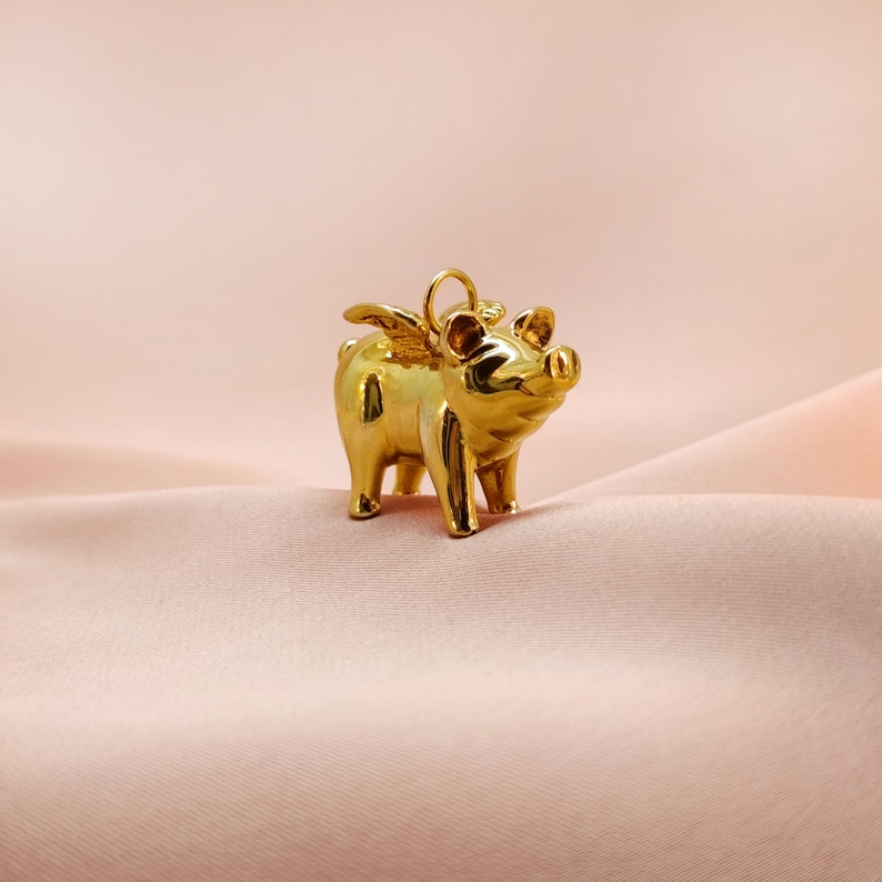 Adorable Flying Pig Solid Gold Gilt Sterling Silver Pendant Large ...