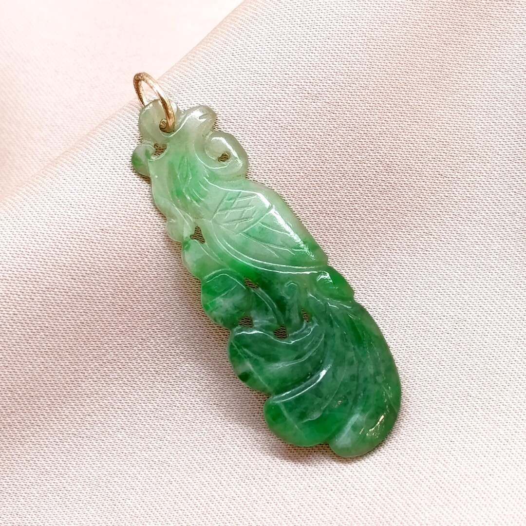 Graceful Vintage Green Jadeite Jade Phoenix Pendant Hand Carved Natural ...