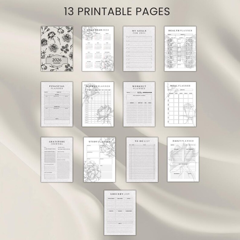 Elegant 2026 Digital Planner Botanical Sketch Rose Theme Print at Home ...