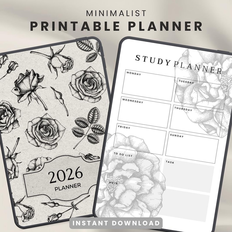 Elegant 2026 Digital Planner Botanical Sketch Rose Theme Print at Home ...