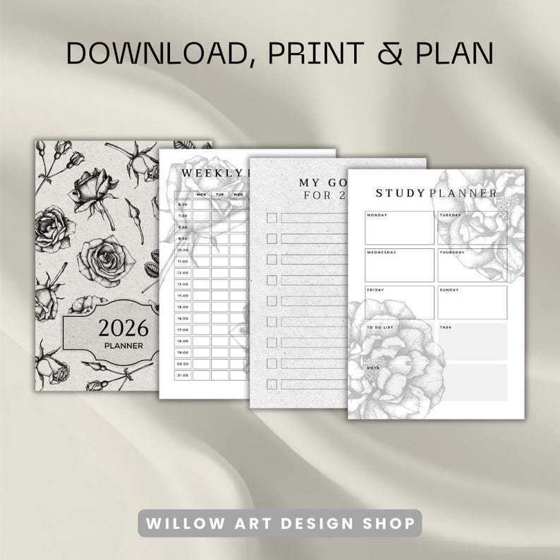 Elegant 2026 Digital Planner Botanical Sketch Rose Theme Print at Home ...