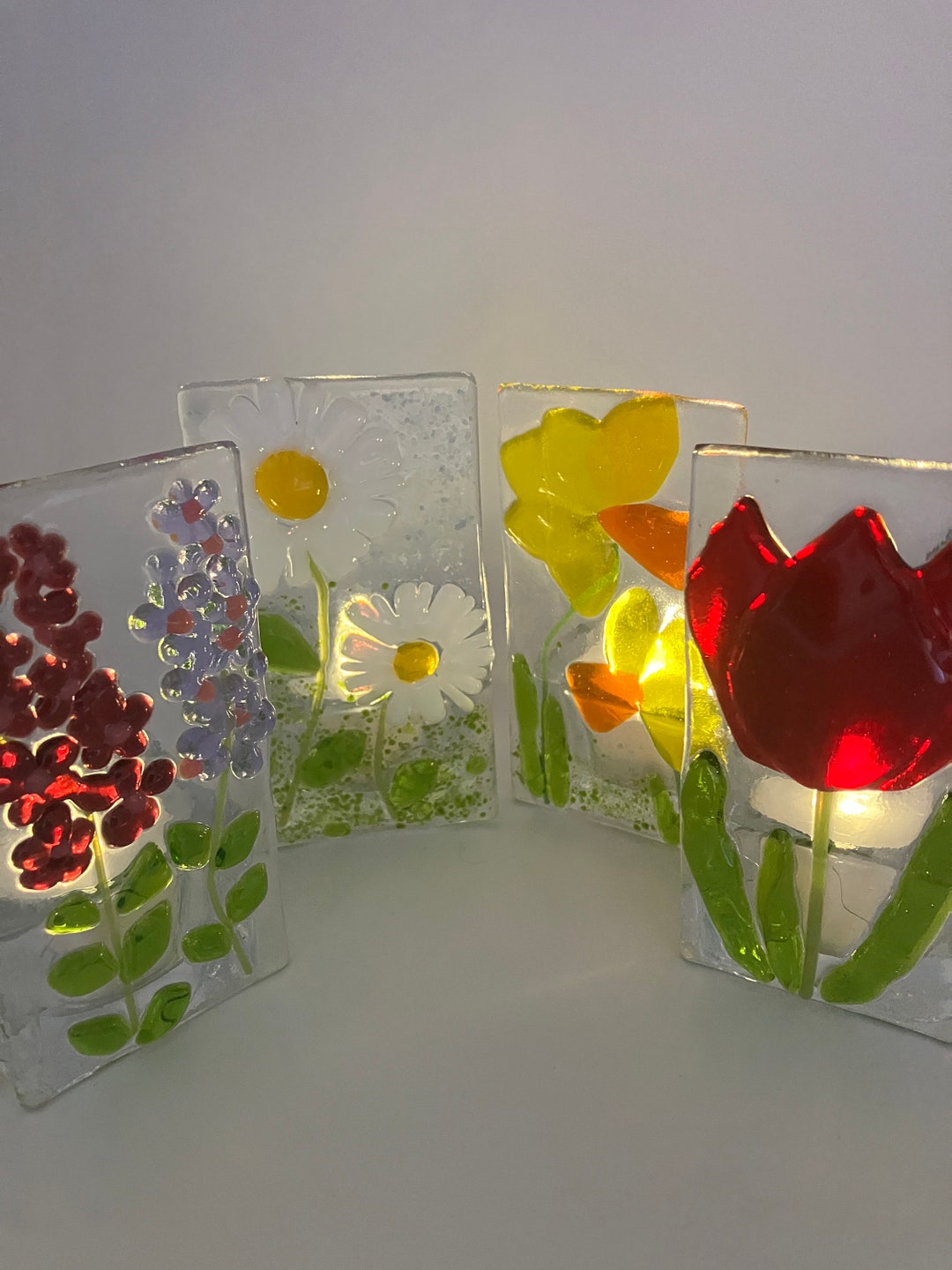 Handmade, Floral, Fused Glass Tea Lights. Daisy, Tulip, Stocks and ...