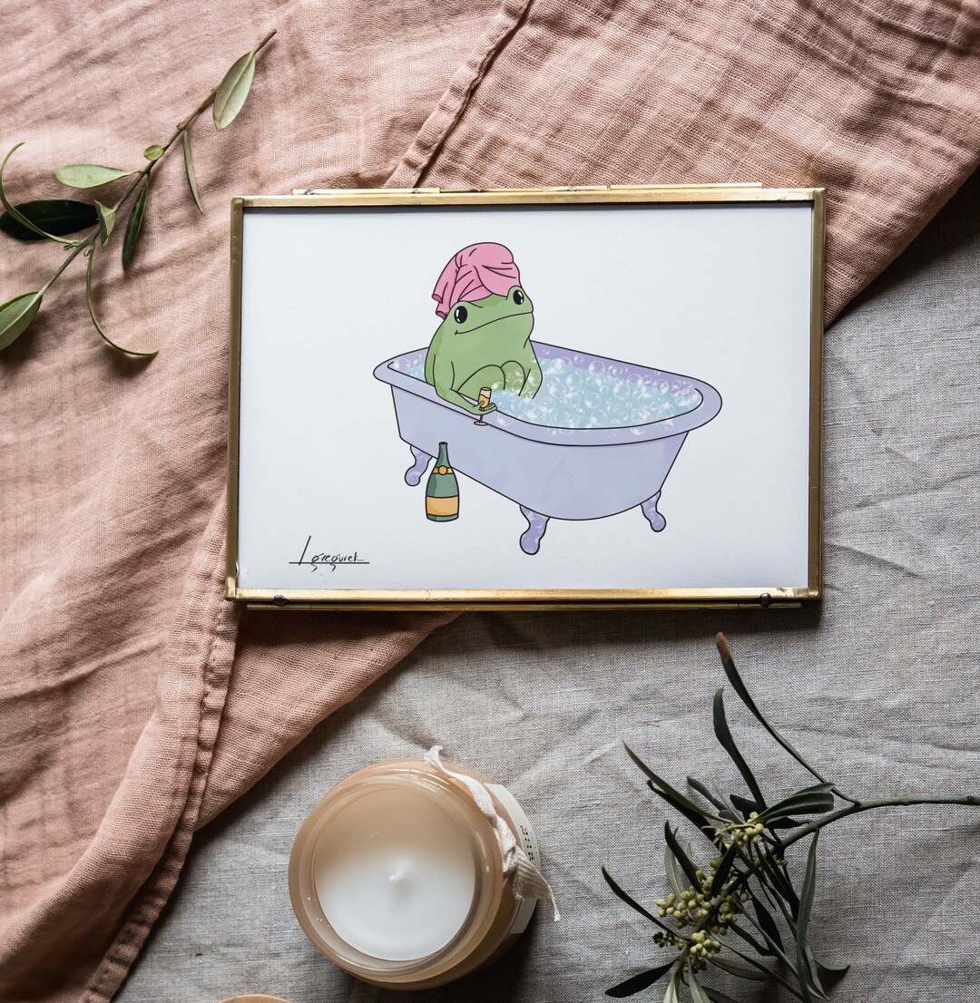 Bubble Bath Frog Print | Watercolor Art | Funky Room Decor - Etsy