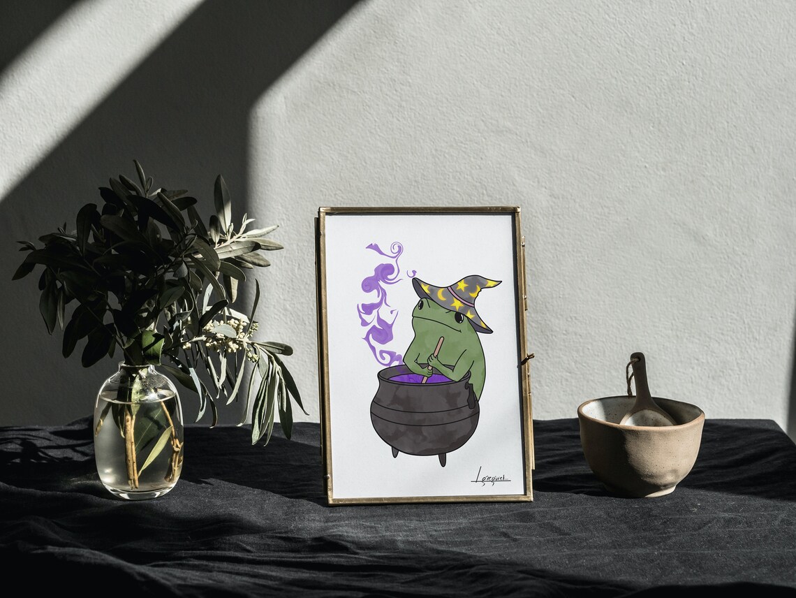 Witch Brewing Potion Frog Digital Download File Watercolor Art Funky ...
