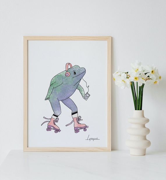 Rollerskating Frog Print Watercolor Digital Art Funky Wall | Etsy
