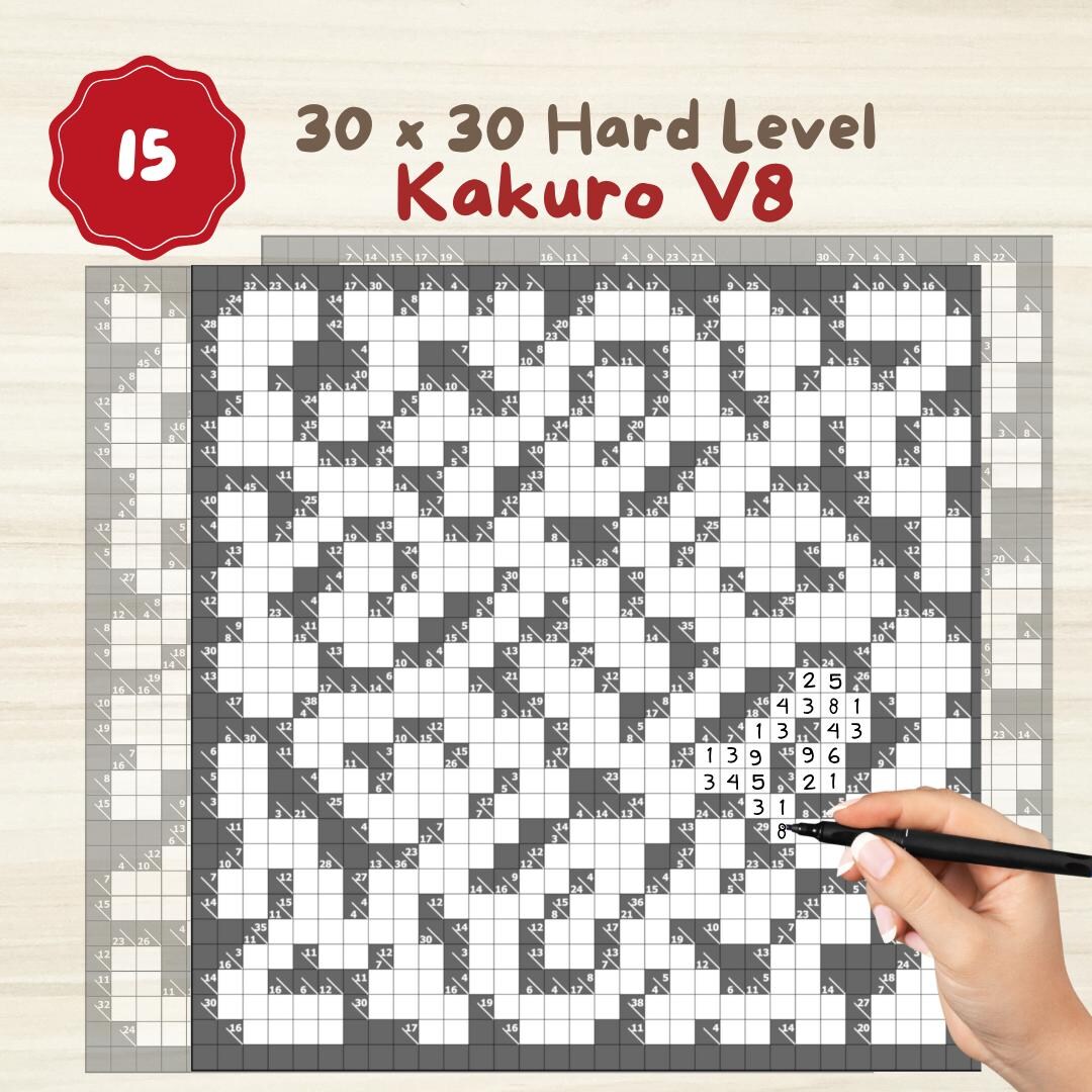 15 Printable Hard Kakuro Puzzles 30 X 30 Volume 8 – Math Logic Brain ...