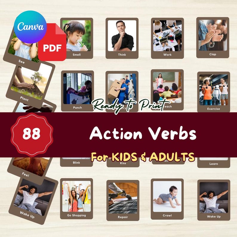 Action Verbs Flashcards: Montessori Learning Cards, Editable Canva (PDF ...