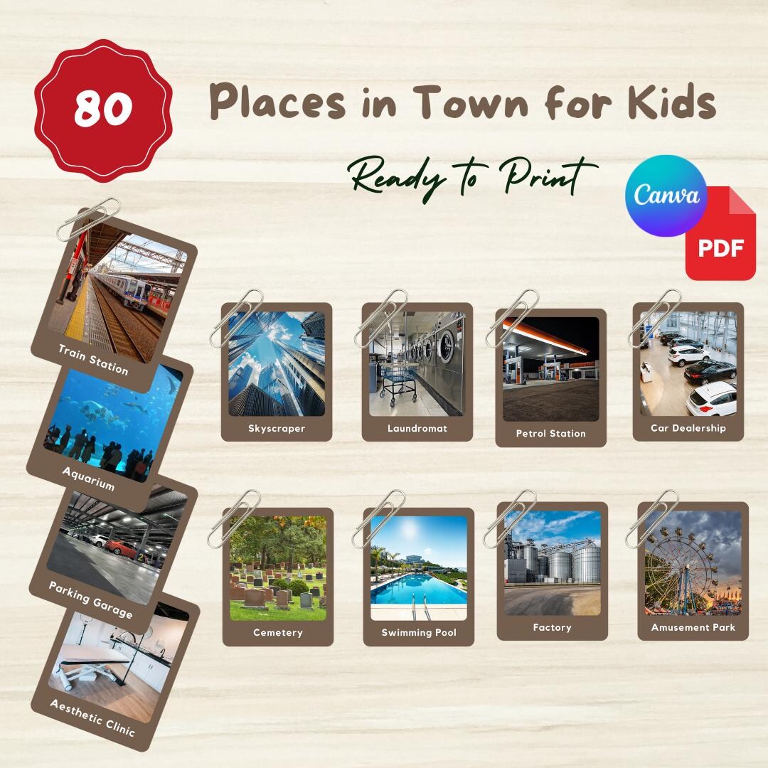 80 PLACES in TOWN Flashcards | Places Vocabularies | Editable ...