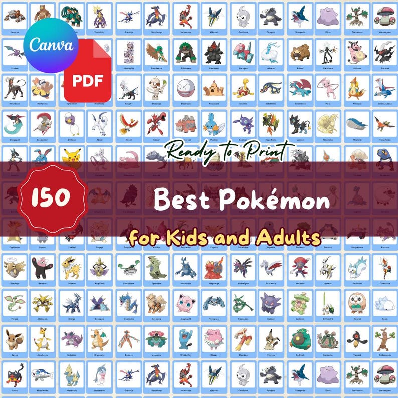150 Best Pokémon Flashcards | Editable Montessori 3-part Cards | Canva ...