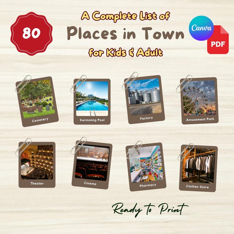 Places in Town Flashcards: Montessori 3-part Cards (printable PDF ...