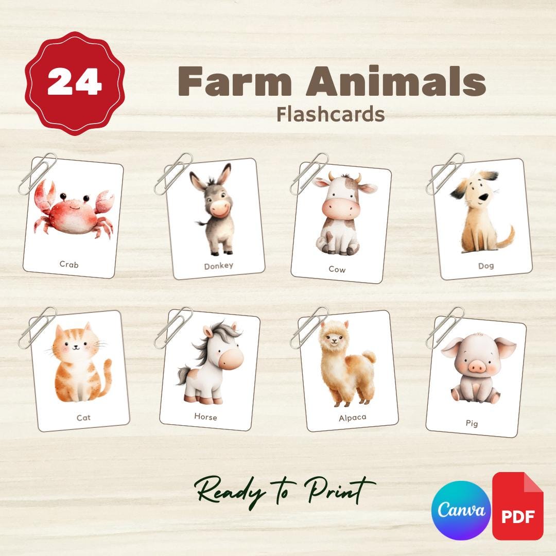 Watercolor Farm Animals Flashcards: Montessori Learning (printable PDF ...