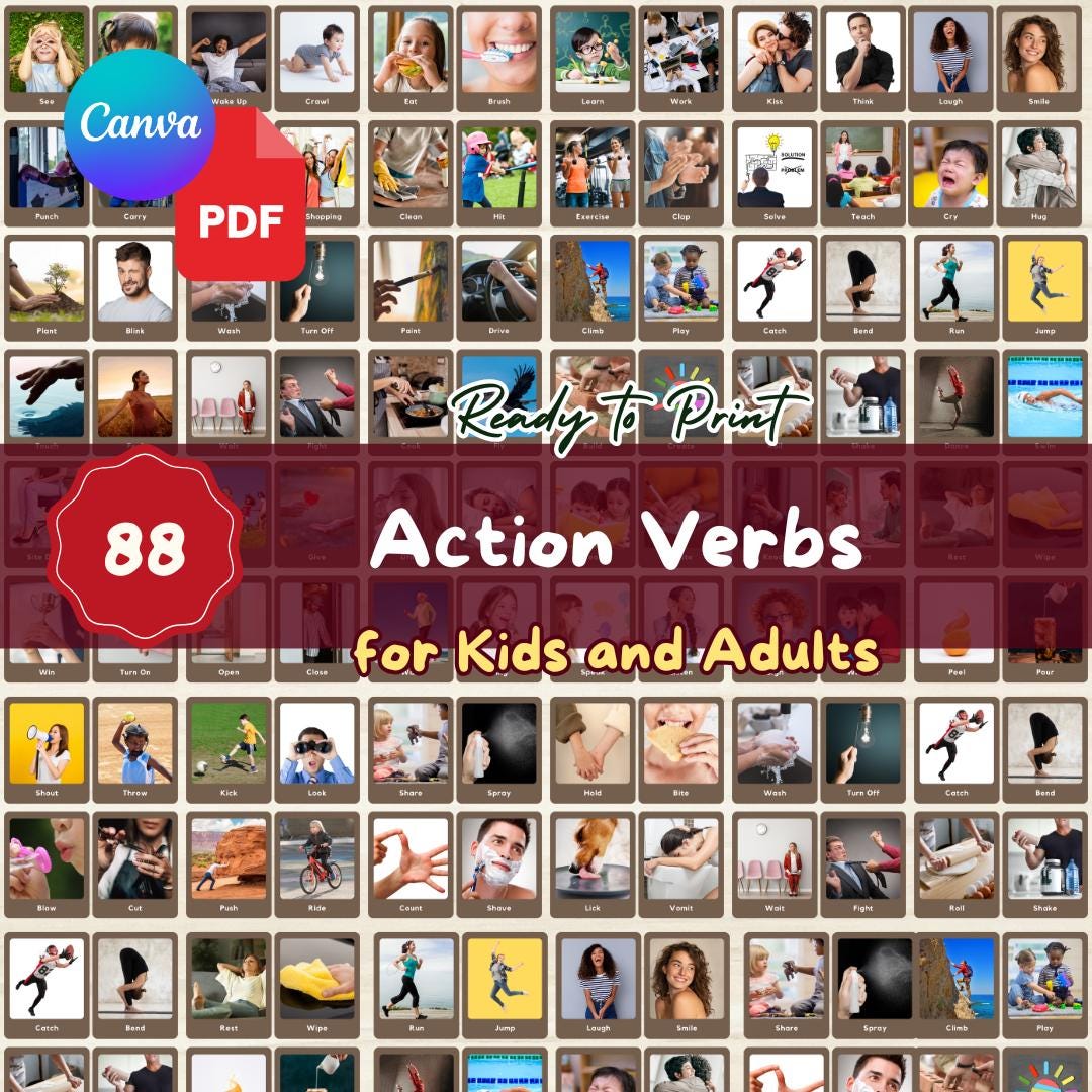 Action Verbs Flashcards: Montessori Learning Cards, Editable Canva (PDF ...