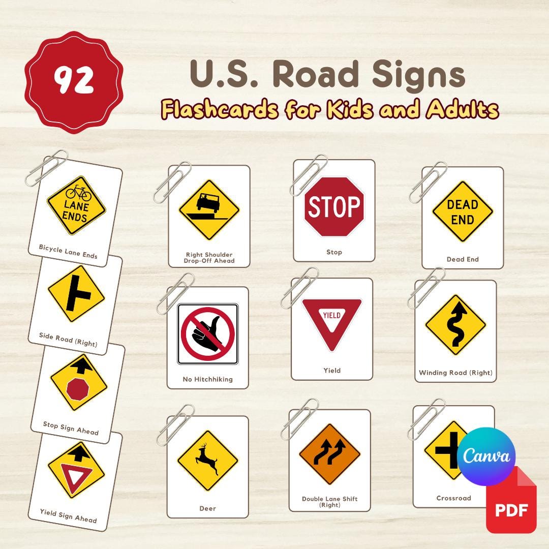 92 U.S. ROAD SIGNS Flashcards: Montessori 3-part Cards (printable PDF ...