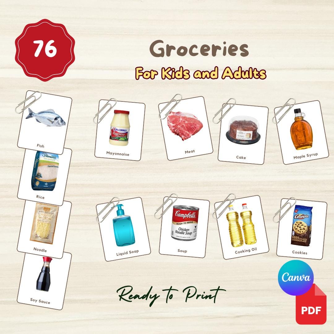 76 GROCERIES Flashcards: Montessori 3-part Cards (printable PDF ...