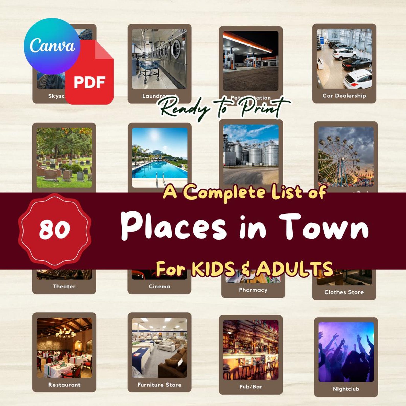 Places in Town Flashcards: Montessori 3-part Cards (printable PDF ...