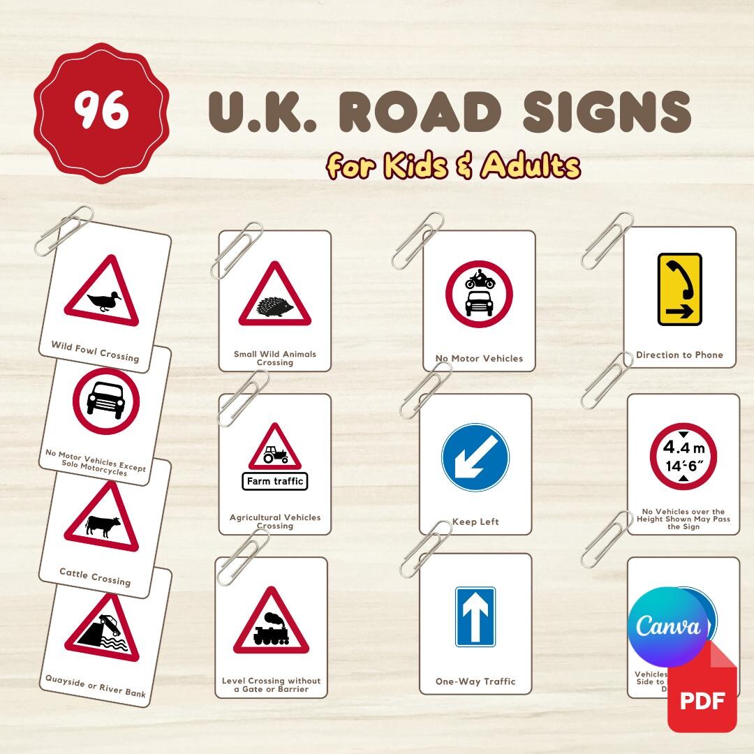 96 U.K. ROAD SIGNS Flashcards: Montessori 3-part Cards (printable PDF ...