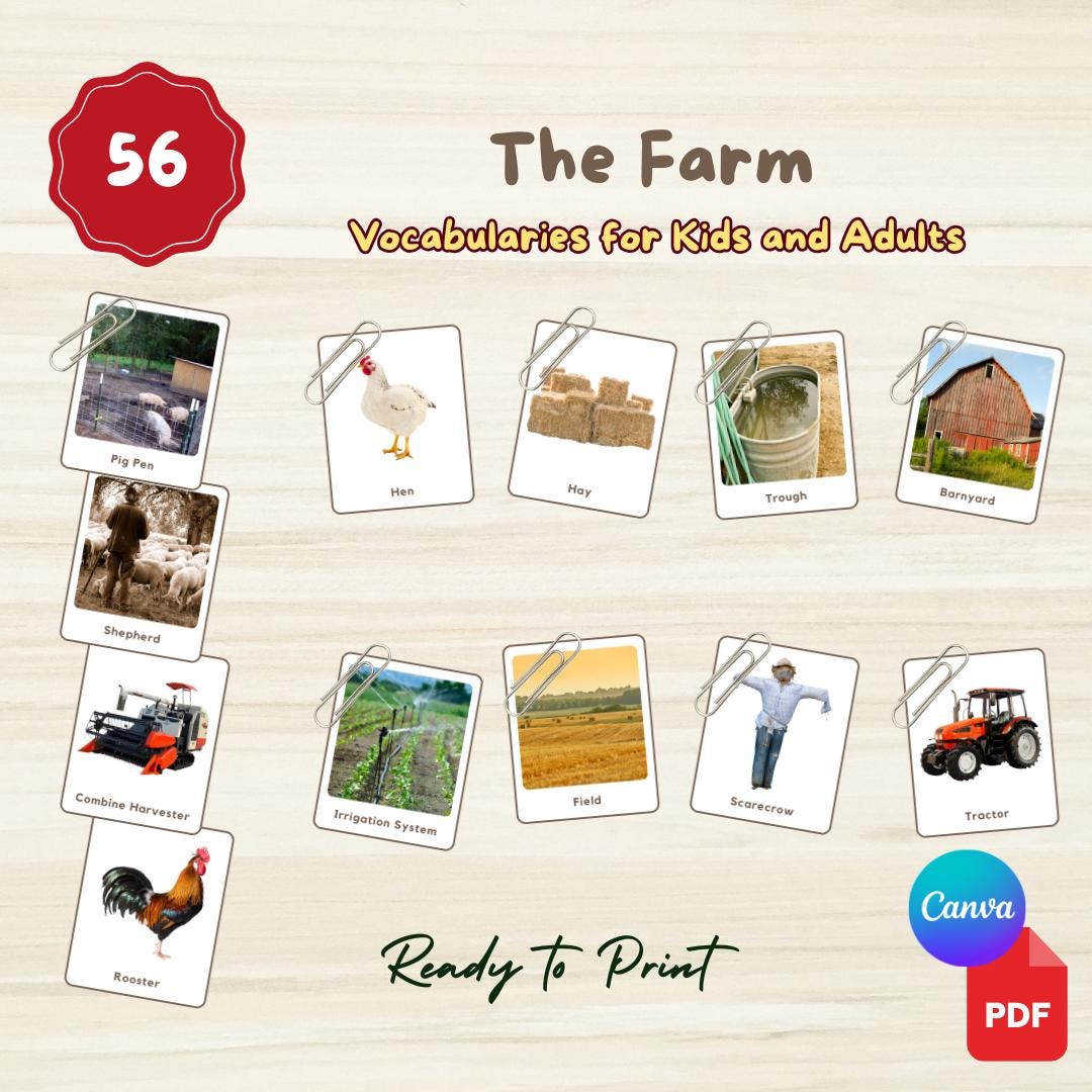 56 FARM Flashcards: Montessori 3-part Cards (printable PDF + Editable ...
