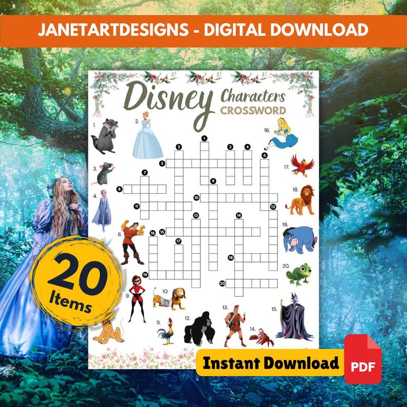 DISNEY CHARACTERS Picture Crossword Puzzle With Answer Keys | Printable ...
