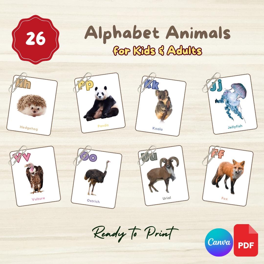 Alphabet Animals Flashcards: Montessori 3-part Cards (printable PDF ...