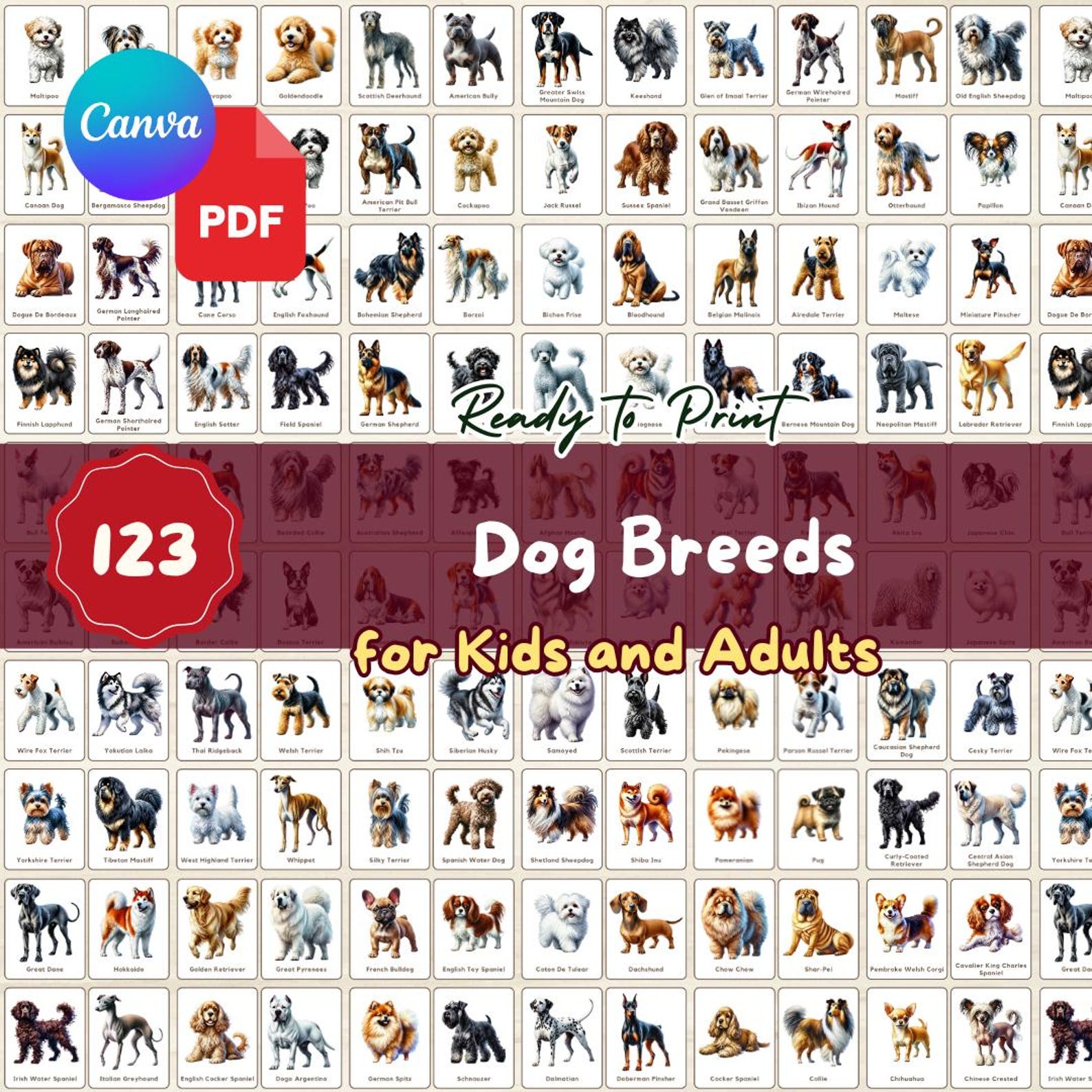 Watercolor Dog Breeds Flashcards: Montessori 3-part Cards (printable ...