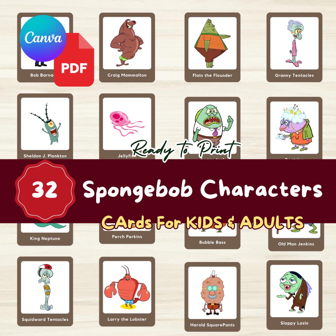 32 SPONGEBOB CHARACTERS Flashcards | Editable Montessori 3-part Cards ...