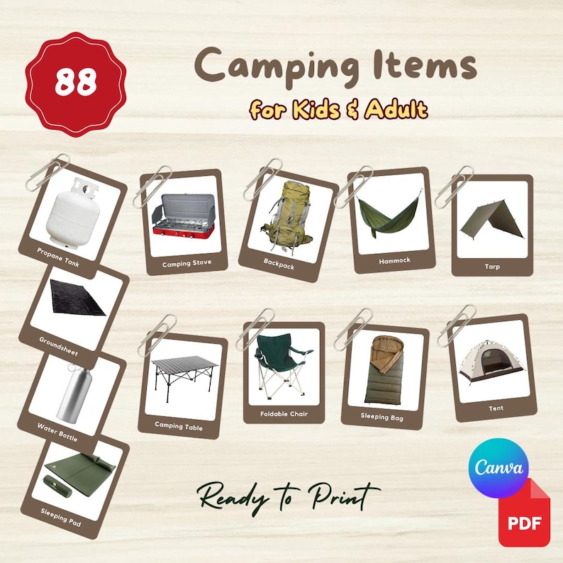 Camping Flashcards: Montessori 3-part Cards (printable PDF + Canva Link ...