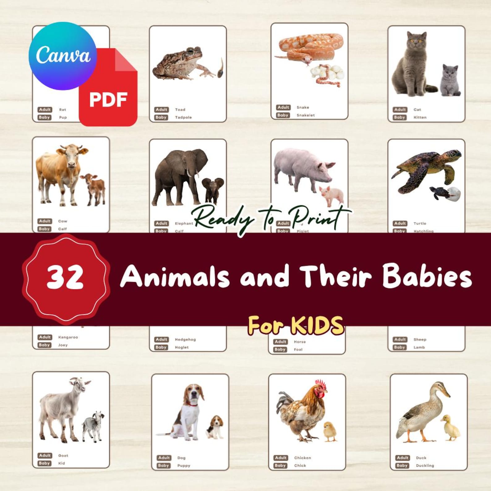 Animals and Their Babies Flashcards: Montessori 3-part Cards (printable ...