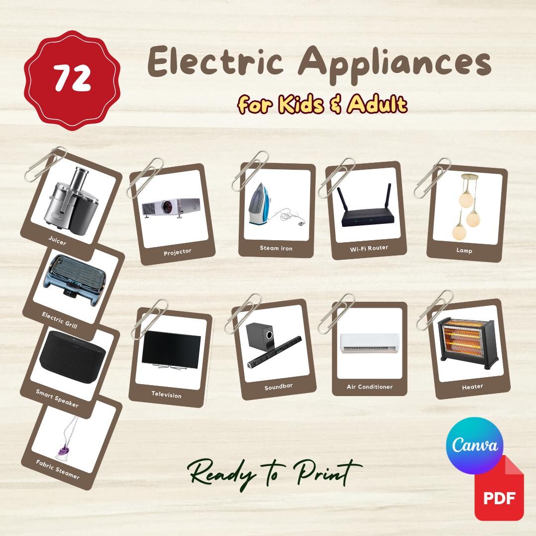 72 ELECTRIC APPLIANCES Flashcards | for Kids Adults Learning | Editable ...