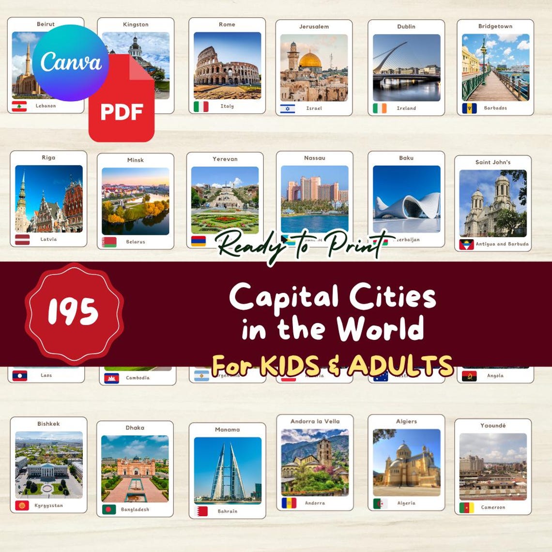 Montessori Capital Cities Flashcards: 195 Countries, Printable Canva ...
