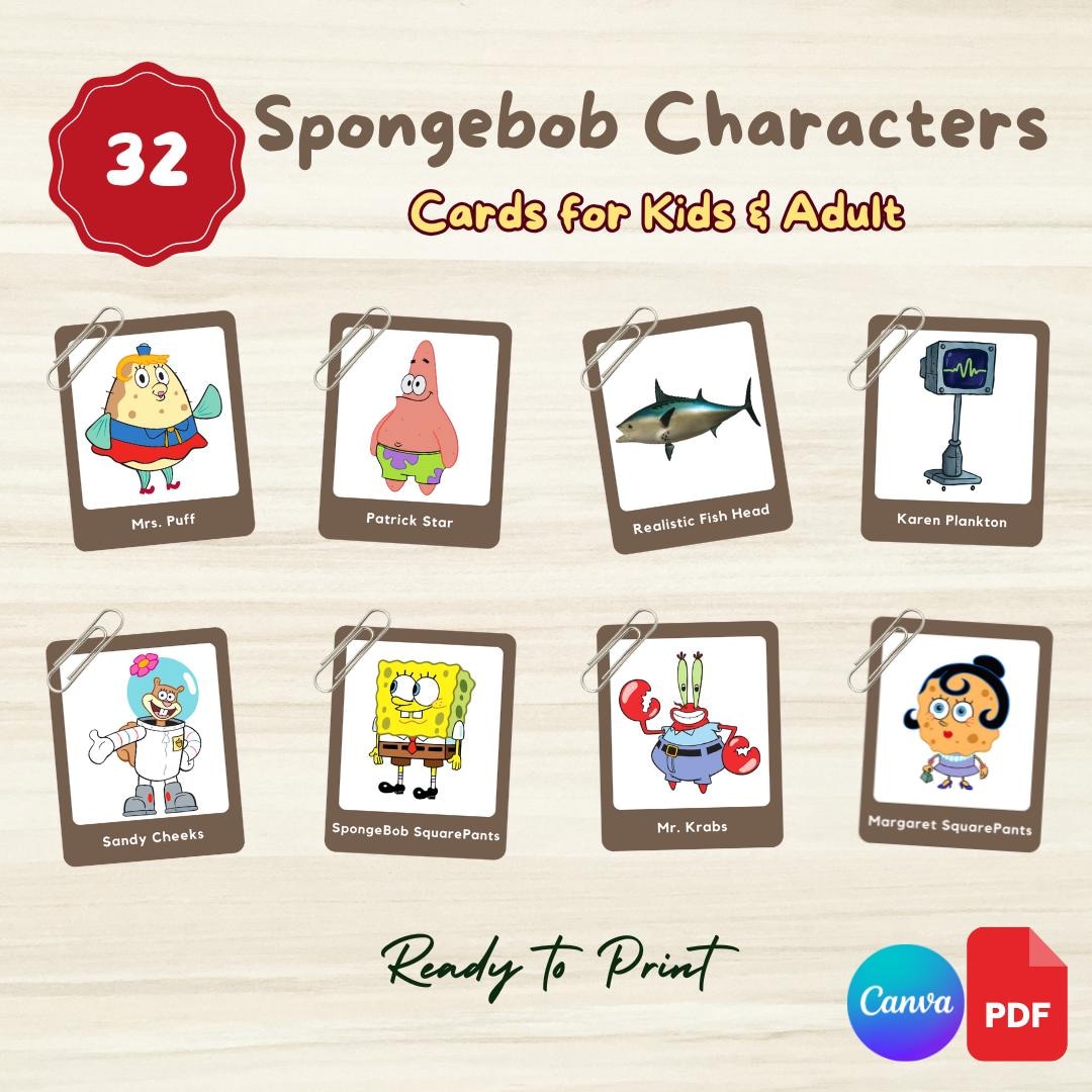 32 SPONGEBOB CHARACTERS Flashcards | Editable Montessori 3-part Cards ...