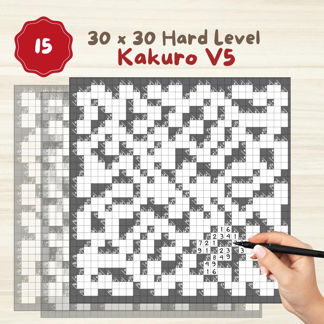 15 Printable Hard Kakuro Puzzles 30 X 30 Volume 5 – Math Logic Brain ...