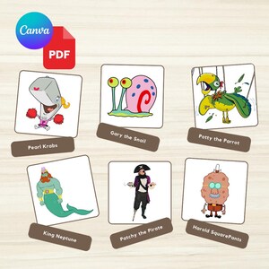 32 SPONGEBOB CHARACTERS Flashcards | Editable Montessori 3-part Cards ...