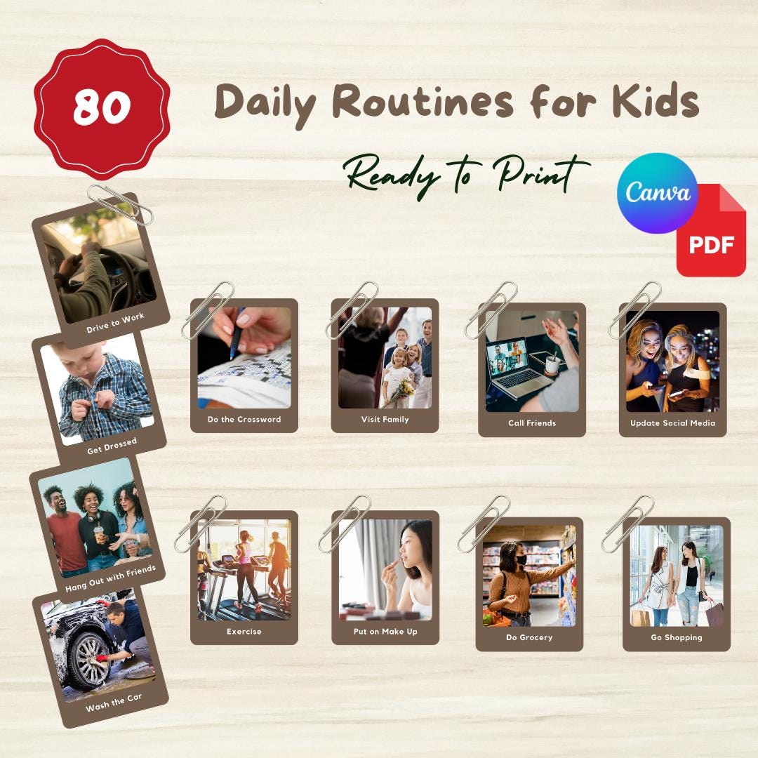 80 DAILY ROUTINES Flashcards | Editable Montessori 3-part Cards | Canva ...